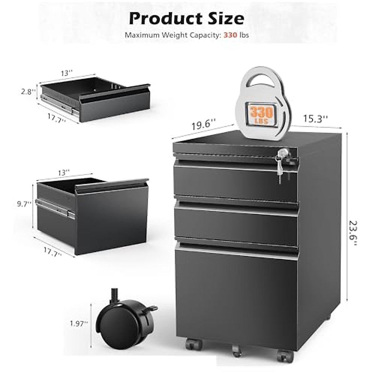 NEWBULIG 3 Drawer Metal Mobile File Cabinet Under Desk Storage with Lock and Wheels, Office Filling Box for Deposit Folder, Black