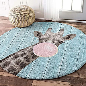 Round Fluffy Soft Area Rug 5' x 5', Giraffe Blowing Bubbles Blue Shaggy Plush Circle Carpet for Kids Teen's Room, Non-Slip No-Shedding Rug for Bedroom Living Room Nursery Room