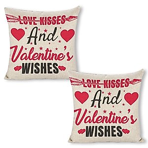 Love Kisses Valentine Throw Pillow Covers 18×18 Pillowcases Set of 2 Romantic Wishes Linen Decorative Square Pillow Case Cushion Covers Standard Size for Sofa Couch Outdoor Bed Pillow Protectors