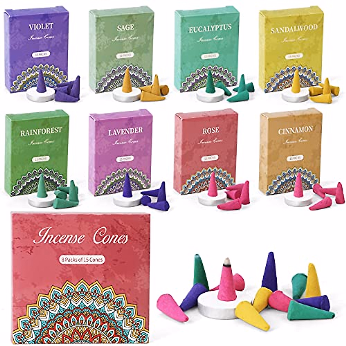 Incense Cones, Assorted Scented Incense Cones with Holder, Incense Gift Set for Mothers Day, Rose, Sage, Lavender, Violet, Cinnamon, Eucalyptus, Sandalwood, Rain Forest, 120 Cones Total