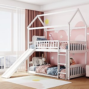 LostCat Twin Over Twin Bunk Bed with Slide, House Shaped Solid Pine Wood Bed Frame w/Safety Guardrail & Ladder, No Box Spring Needed, Save Space Design, for Kids, Teens, Girls, Boys, White