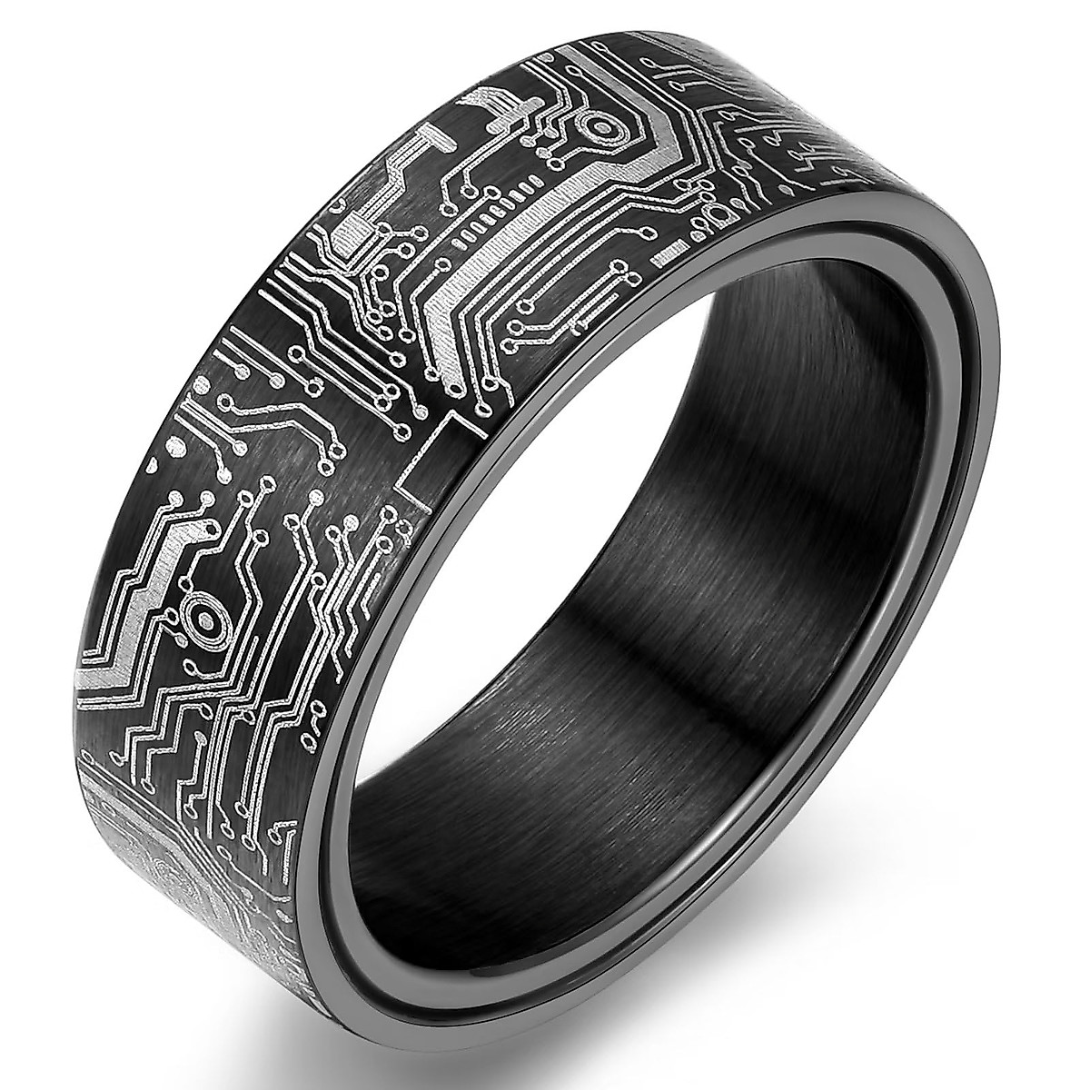 Adreamz 8mm Computer Circuit Board Pattern Ring - Spinner Fidget Ring for Men, Anxiety Relieving Fidget Black Stainless Steel Ring For Men Programmer Wedding Ring 11