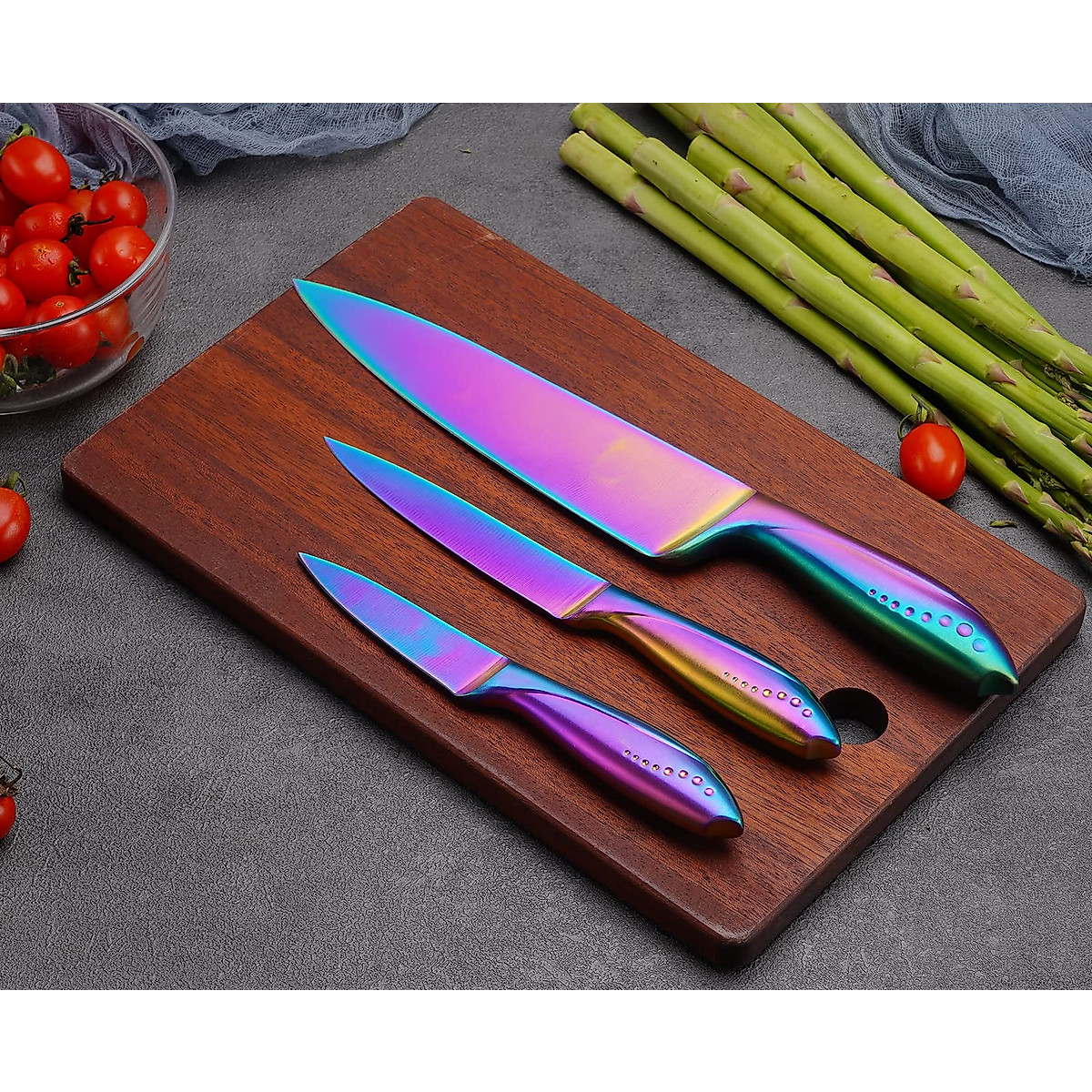 Hollory Rainbow Kitchen Knife Set 3 Piece, Razor Sharp German Stainless Steel Blade with 8 in Chef, 5 in Utility, 3.5 in Paring – Starter Set with Gift Box