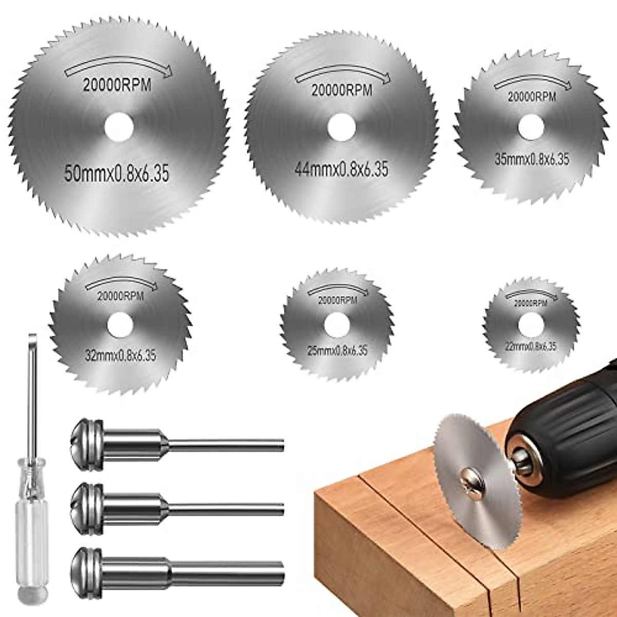 Cutting Wheel Set for Rotary Tool,8Pcs HSS High Speed Steel Rotary Drill Saw Blades with 1/8" Shank Mandrel for Wood Plastic Cutting(One Screwdriver)