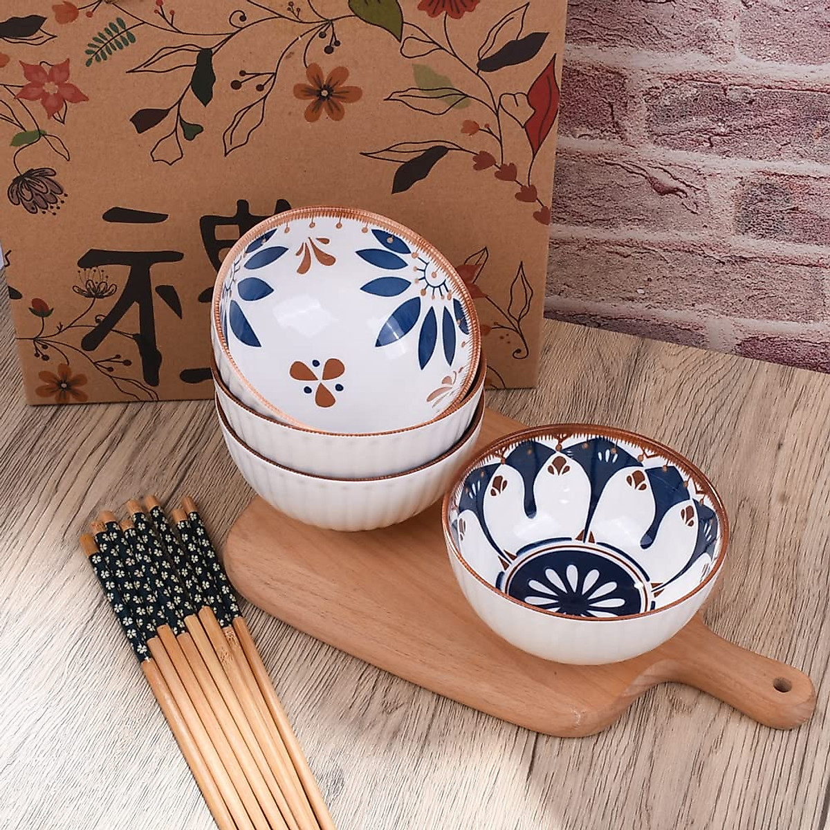 Ceramic Rice Bowls and Chopstick Set of 4,A Good Gift for Friend and Family (RS)