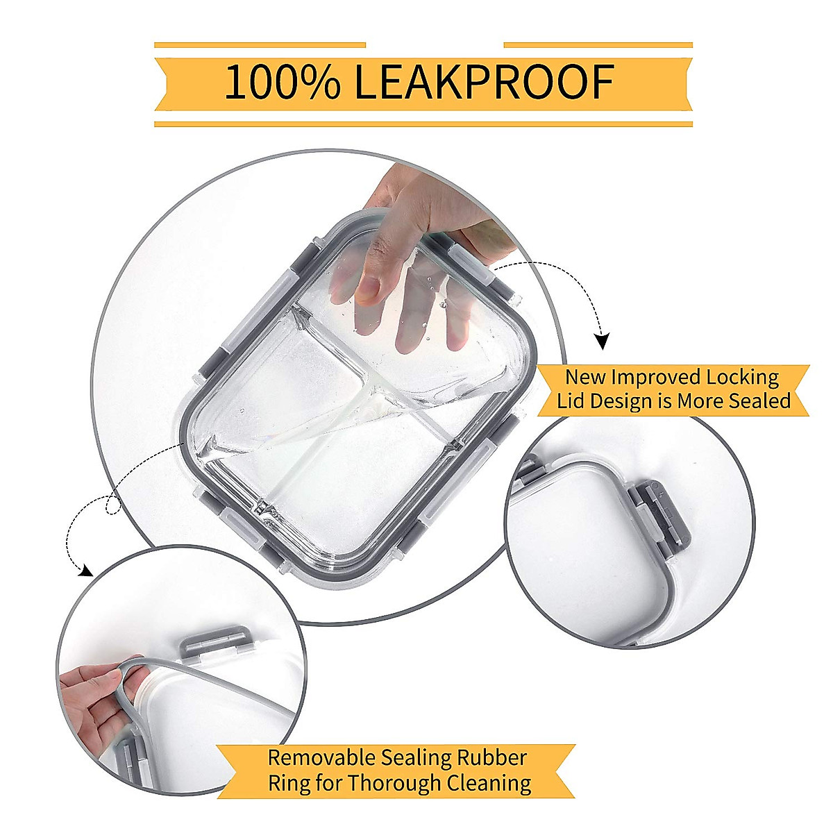 Bayco 8 Pack Glass Meal Prep Containers 3 Compartment, Glass Food Storage Containers with Lids, Airtight Glass Lunch Bento Boxes, BPA-Free & Leak Proof (8 lids & 8 Containers) - Grey