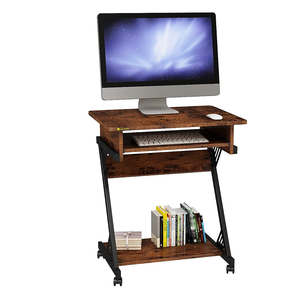 Small Corner Computer Desk, Rolling Computer Desk for Small Space Bedroom, Home Office Study Computer Desk on Wheels, Mobile Computer Table Portable Laptop Cart with Shelves,Rustic Brown