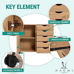 Naomi Home Amy 5 Drawer Chest, Wood Storage Dresser Cabinet with Wheels, Craft Storage Organization, Makeup Drawer Unit for Closet, Bedroom, Office File Cabinet 180 lbs Total Capacity - Natural