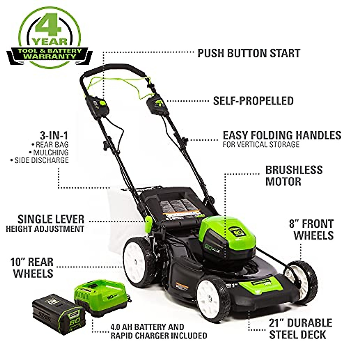 Greenworks Pro 80V 21-Inch Brushless Self-Propelled Lawn Mower 4.0Ah Battery and Charger Included, MO80L410