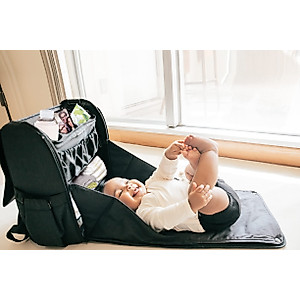 Lulyboo Diaper Bag Convertible Backpack, Full Open Cabinet and Padded Changing Station, Removable Caddy with Two Drink Holders and Angled Cell Phone Storage for Easy Viewing, Black