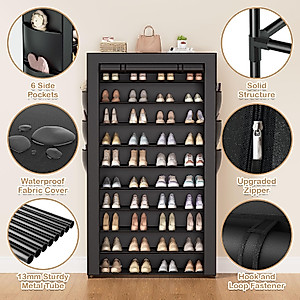 10+1tier Shoe Rack with Cover, Tall Shoe Rack Organizer 40-50 Pairs Large Shoes Rack Storage Organizer Stackable Tall Shoe Shelf Storage Metal Tall Shoe Rack Shoe Organizer for Closet Entryway Garage