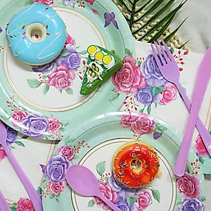 Decodinli 125 PCS Floral Party Supplies, Floral themed Disposable Plates, Cups, Napkins for Birthday, Baby Shower, Bridal Shower, Tea Party, Mothers Day, Serves 25