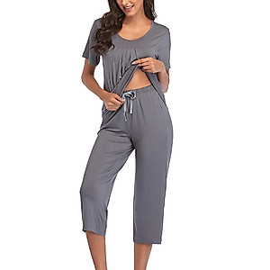 COLORFULLEAF Womens Pajama Sets Summer Pjs Lounge Sets for Women Soft Sleepwear Top and Capri Pants with Pockets (Deep Grey, L)