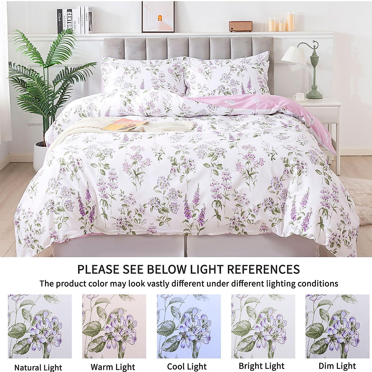 FADFAY Purple White Floral Duvet Cover Sets Queen 100% Cotton Lilac Lavender Reversible Comforter Cover French Country Bedding All Season Soft Crisp Green Leaves Bed Cover with Zipper 3 Pieces