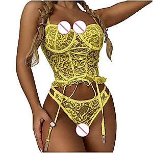 Sexy Lingerie for Women for Sex Naughty Play Teddy Babydoll Underwear with Garter Exotic Bodysuit Corset Sleepwear Yellow