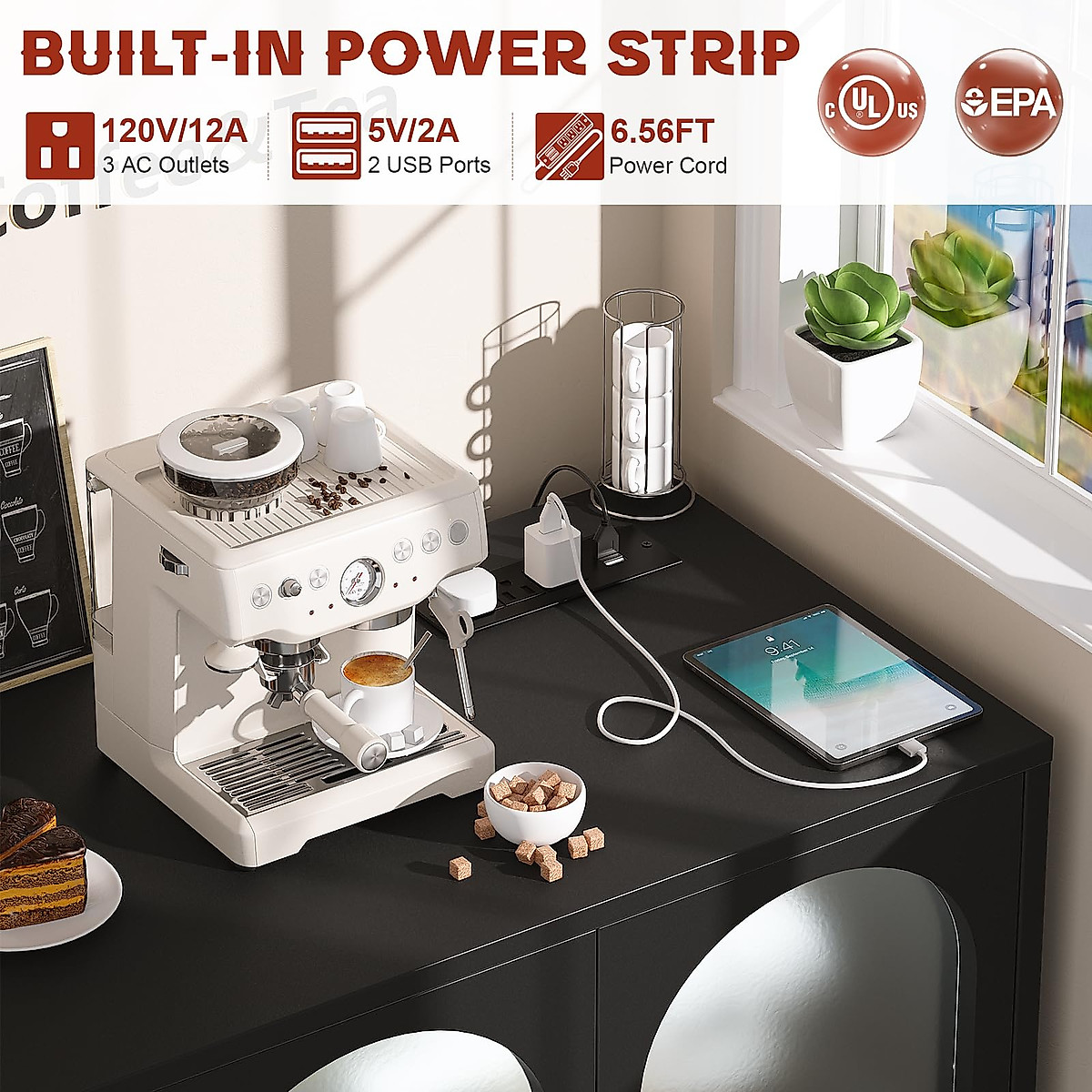 Aheaplus Sideboard Buffet Cabinet with Power Outlet, Kitchen Sideboard Storage Cabinet with LED Light, 4 Doors, Modern Accent Cabinet Coffee Bar Cabinet Console Table for Kitchen Dining Room, Black