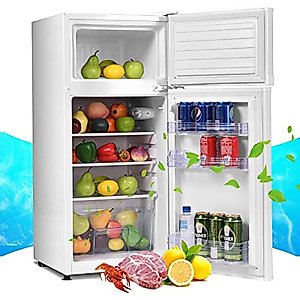 ReunionG, White 2-Door Compact Refrigerator, Counter Fridge with Large 3.4 cu. ft. Capacity, Freezer Unit with Removable Glass Shelves and Adjustable Legs for Kitchen, Dorm, Apartment and Office