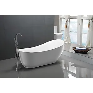 ANZZI Freestanding Tub 71" Modern Whirlpool, Glossy White Acrylic + Fiberglass, Stand Alone Soaker Hot Tub + Built-in Overflow & Drain for Bathroom, Talyah Serie (FT-AZ090)