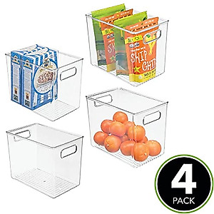 mDesign Plastic Deep Kitchen and Pantry Organizer Storage Bin with Handles for Cabinet, Fridge, Freezer - Food Storage Containers for Snacks, Yogurt Pouches or Fruit, Ligne Collection, 4 Pack, Clear