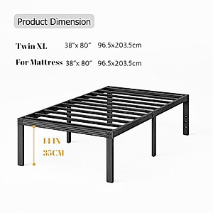 ZIYOO Twin XL Bed Frames with Heavy Duty Steel Slat, 14 Inches Platform Bed Frame, Non-Slip Design, No Box Spring Needed, Easy Assembly, Quiet Noise Free, Under Bed Storage Space, Black