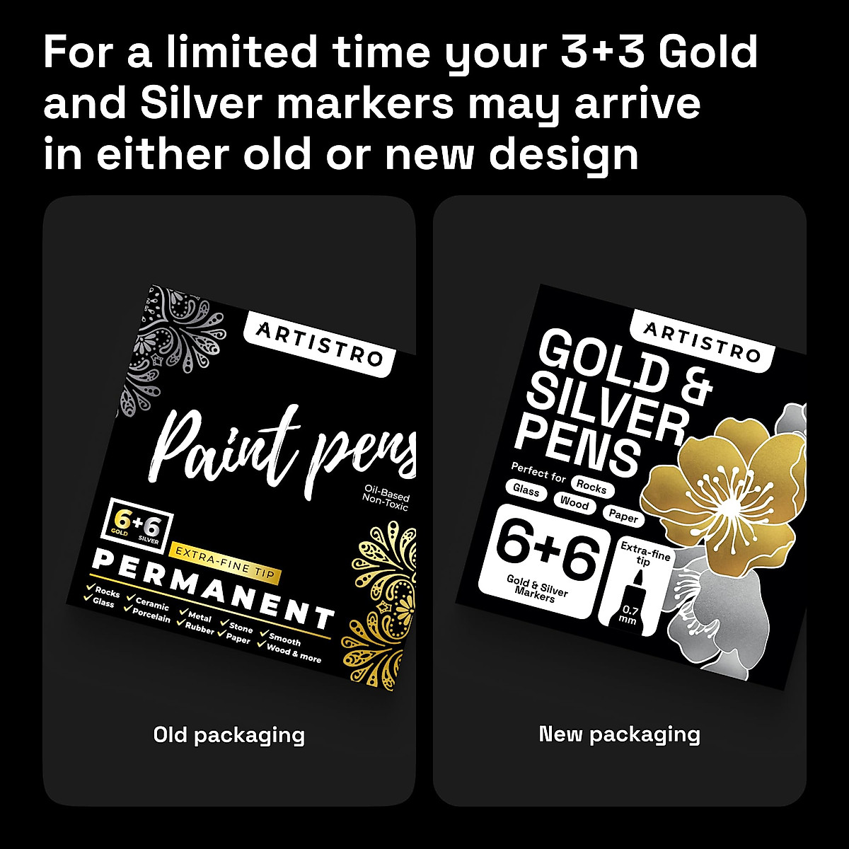 Gold & Silver Metallic Paint Pens for Rock Painting, Stone, Ceramic, Glass, Wood, Metal, Fabric, Canvas. Set of 6 Gold Permanent Oil Based Paint Markers and 6 Silver Paint Markers Extra Fine Tip 0.7mm