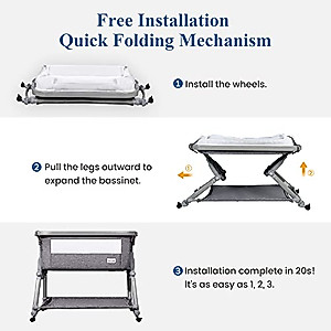 Baby Bassinet Bedside Sleeper for Baby, Foldable Bedside Crib, Li’l Pengyu Free-Installation Foldable Bedside Co-Sleeper with Rocking Cradle Mode, Come with Comfy Mattress& Portable Bag