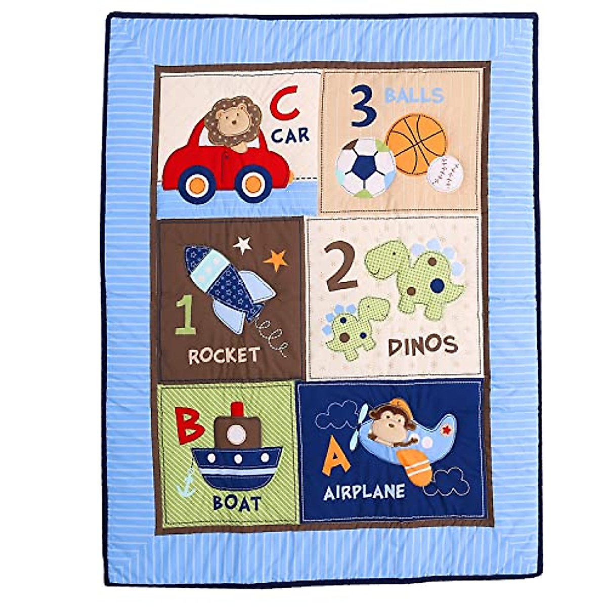 4 PCs Blue Car Steamship Nursery Crib Bedding Set Sky Blue Baby Boy Cot Bedding Set Quilt , Fitted Sheet , Skirt , Window Valance