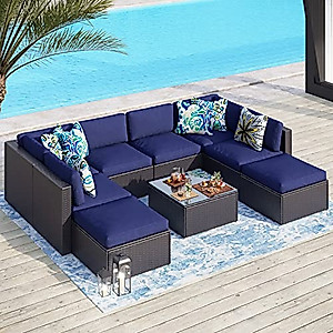 PHI VILLA Patio Furniture Set Outdoor Wicker Sectional Sofa, Low Back Rattan Patio Conversation Set for Large Space with Tea Table, Clips & Washable Couch Cushions(9 Piece, Navy Blue)