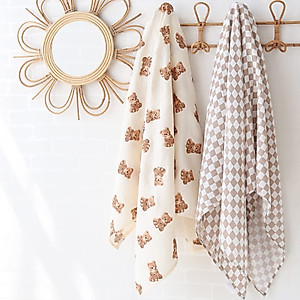 LifeTree Muslin Swaddle Blankets Neutral, Baby Swaddling Wrap Nursery Blanket for Boys & Girls Unisex, Soft 70% Viscose from Bamboo and 30% Cotton, Large 47 x 47 inches, Bear & Checkered Coffee