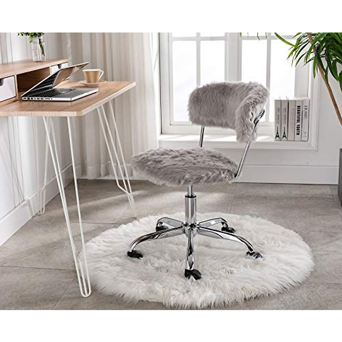 Kmax Fuzzy Office Desk Chair Faux Fur Kids Armless Rolling Task Chair Comfy Vanity Chair for Bedroom, Grey