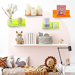 4 Pack Acrylic Floating Wall Shelves 9 Inch Adhesive Shelf Mounted Display Book Shelf for Pop Figure Plant, Speaker, Acrylic Shelve for Bathroom, Bedroom, Gaming Room, Living Room (Green, Orange)