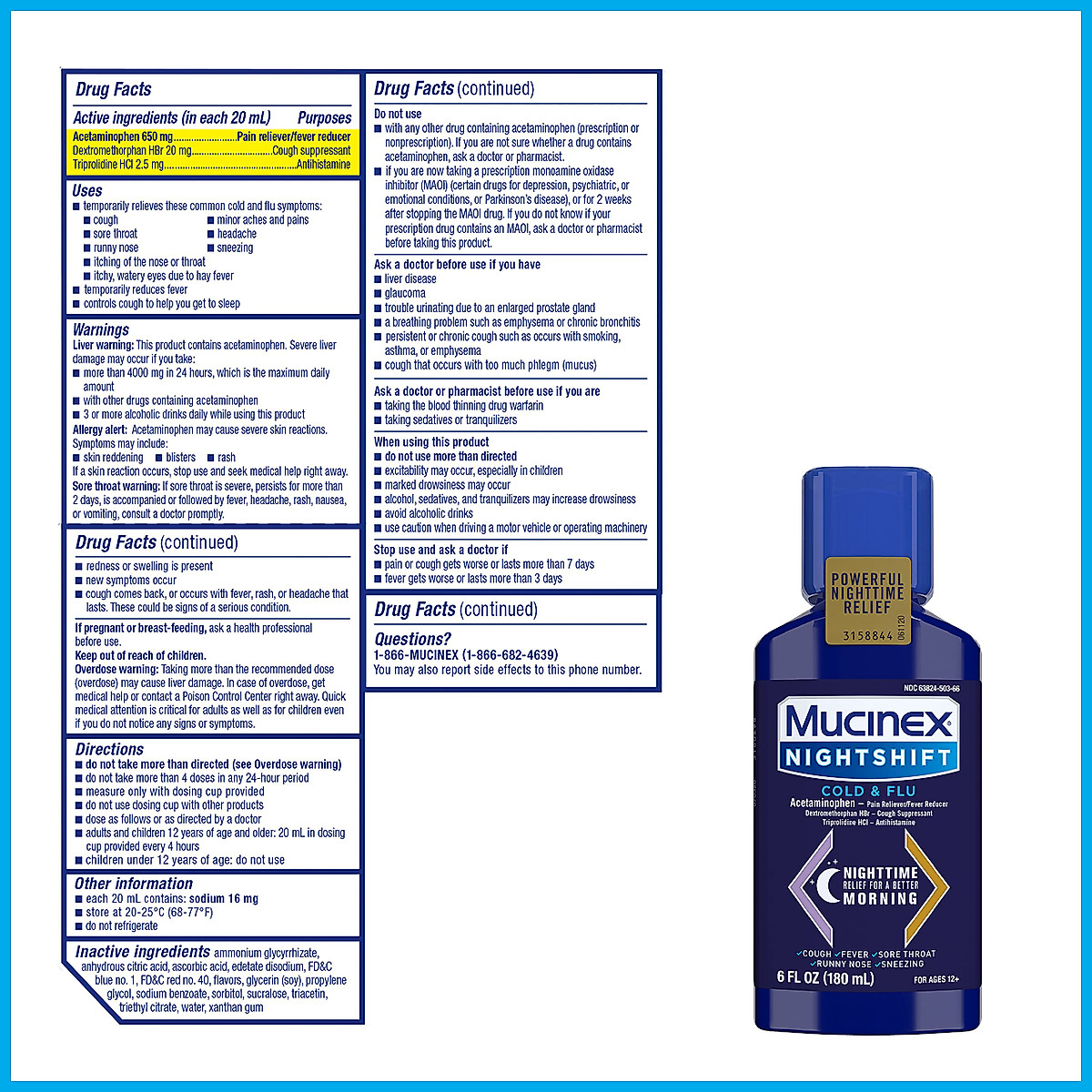 Mucinex Nightshift Cold & Flu Liquid 6 fl. oz. Relieves Fever, Sneezing, Sore Throat, Runny Nose, and Cough (Pack of 6)