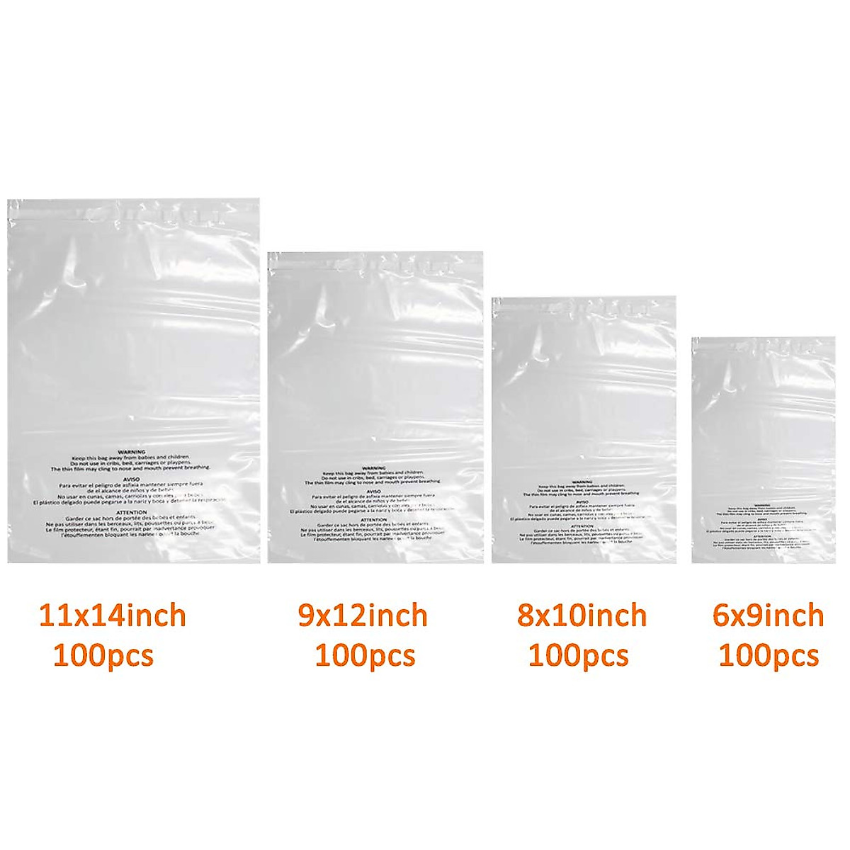 Belinlen 400 Count Combo Pack Warning Bags - 6x9, 8x10, 9x12, 11x14 Inch Self Seal Clear Poly Bags with Suffocation Warning with Permanent Adhesive, Strong Adhesive, Not Resealable (1.5mil)