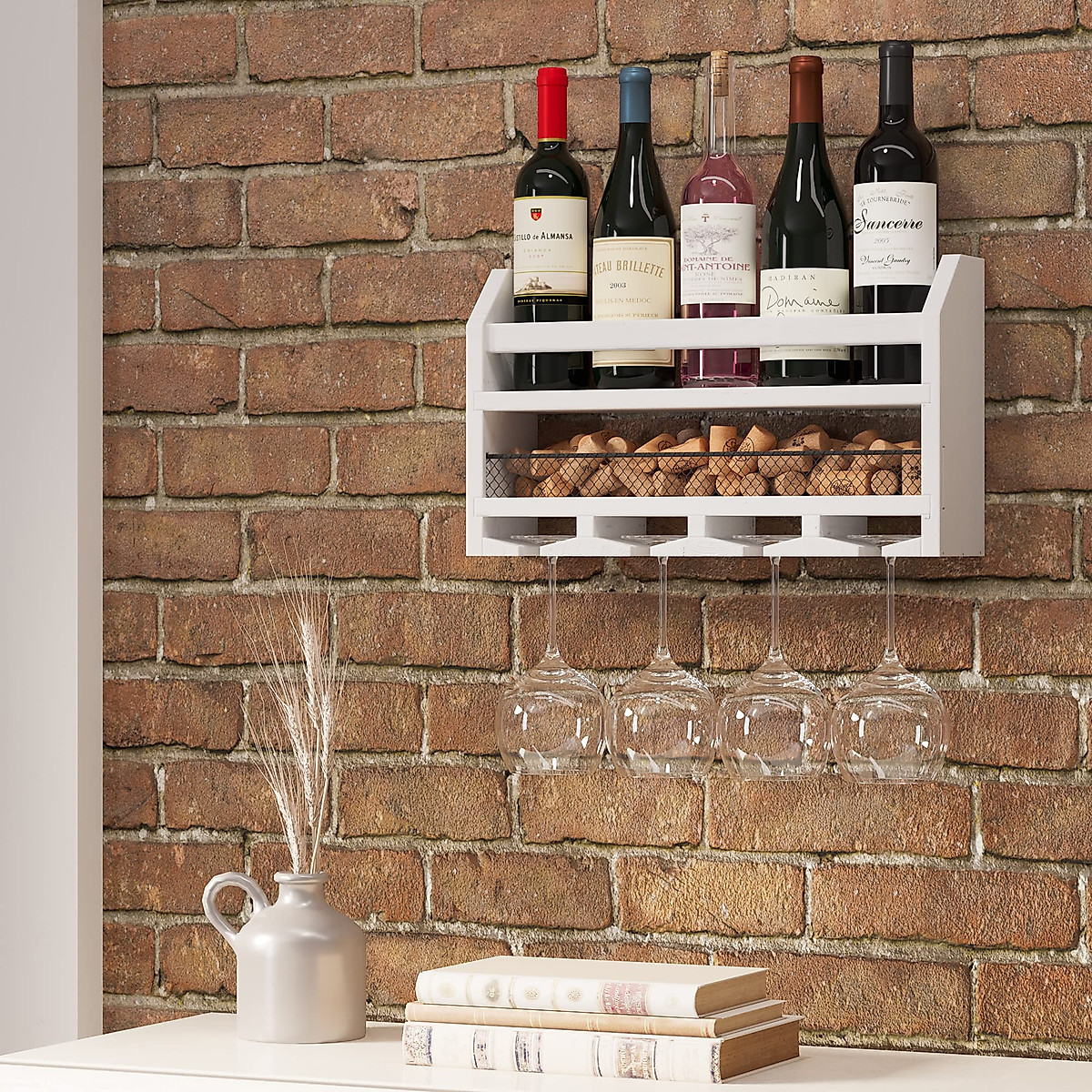 Wallniture Blanc Wine Rack Wall Mounted, Wall Wine Bottle Holder with Wine Glass Rack, Wall Mount Wine Holder with Wine Cork Holder, Rustic Wall Wine Rack for Wine Bottles, Burnt White, Wood