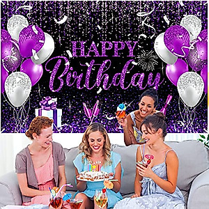 Black Purple and Silver Birthday Decoration Banner, Large Happy Birthday Banner for Girls Women Men Purple and Black Birthday Theme Party Backdrop for Birthday Background, 71x 43.3 Inches