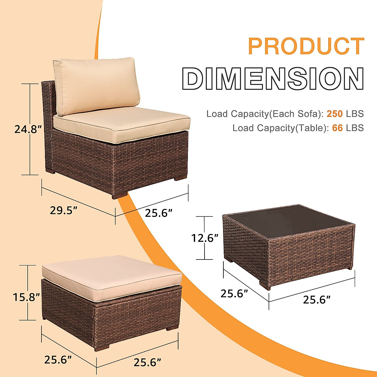 Patiorama 3 Piece Patio Furniture Set, Outdoor Sectional Sofa, PE Wicker Rattan Conversation Set, All Weather Armless Chair and Ottoman with Coffee Table, Brown Wicker Beige Cushion