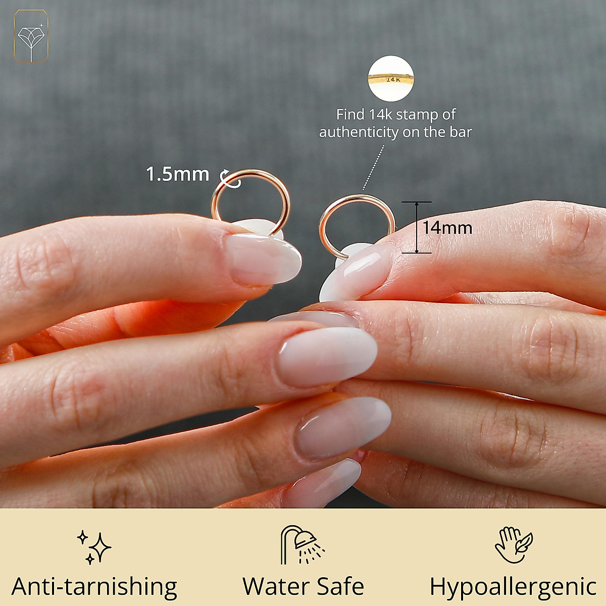 MAX + STONE Solid 14k Gold Hoop Earrings for Women | 1.5mm Tube, Flex Continuous 14mm (0.55 Inch) Diameter Small