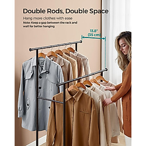 SONGMICS Clothes Rack with Wheels, Double-Rod Clothing Rack for Hanging Clothes, 38.8 Inches Garment Rack with Shelf, Loads up to 220 lb, for Bedroom, Closet, Rustic Brown and Ink Black UHSR152B01