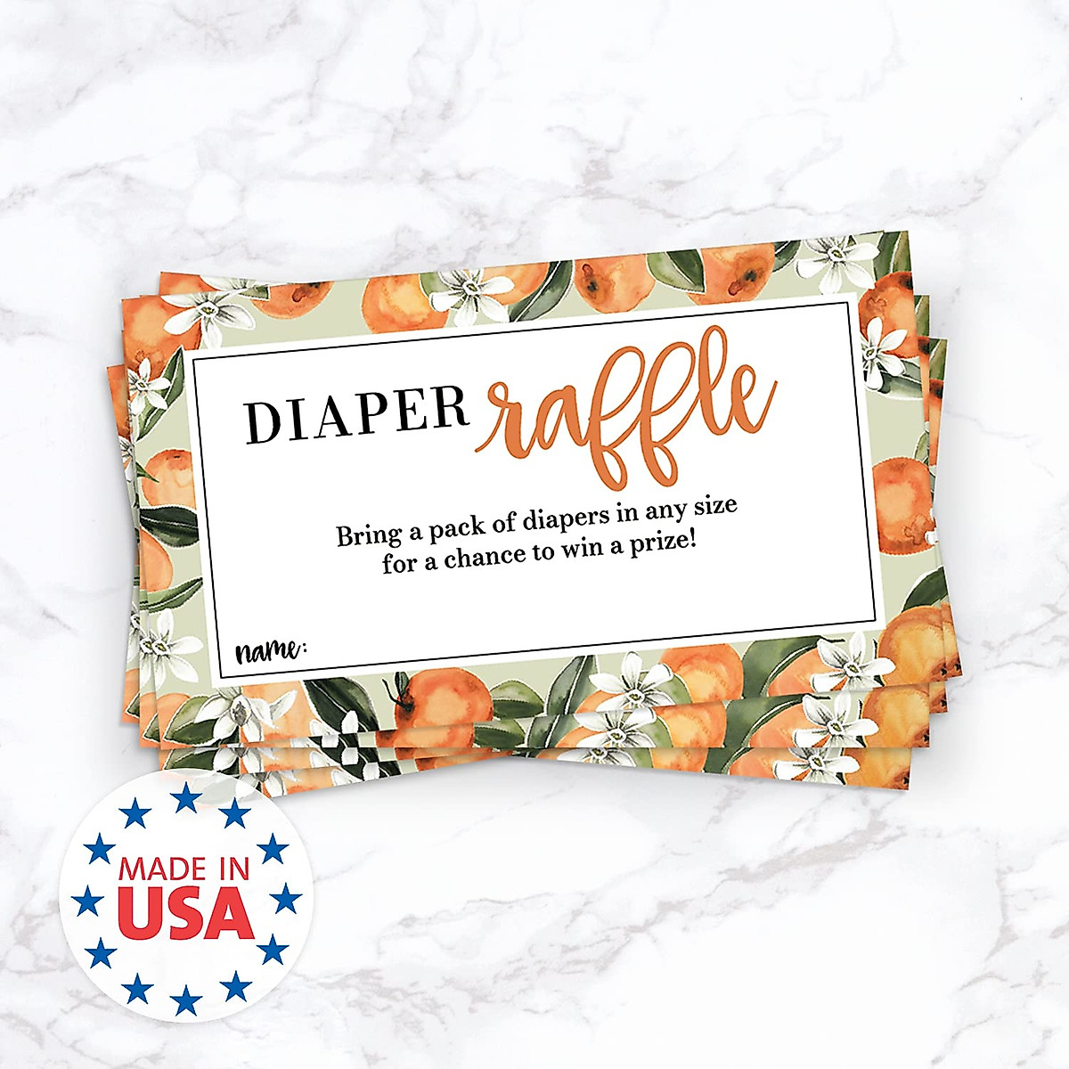 Canopy Street Little Cutie Diaper Raffle Tickets for Baby Shower/Clementine Sprinkle Or Gender Reveal Party Game / 50 Adorable Fruit 3.5” x 2” Diaper Drawing Cards