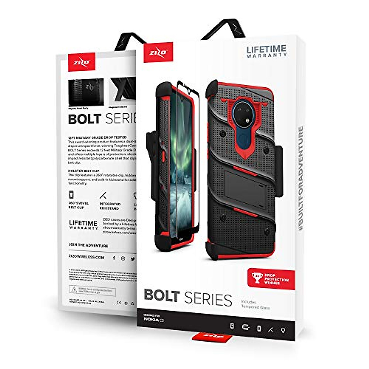 ZIZO Bolt Series for Nokia C5 Endi Case with Screen Protector Kickstand Holster Lanyard - Black & Red