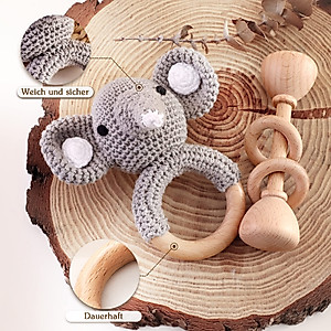 Wooden Baby Rattle Crochet Elephant and Wooden Rattle Baby Toys Set 2pcs Handmade Newborn Toy Early Development Grips Stuffed Animal Organic Rattle (Elephant Set)