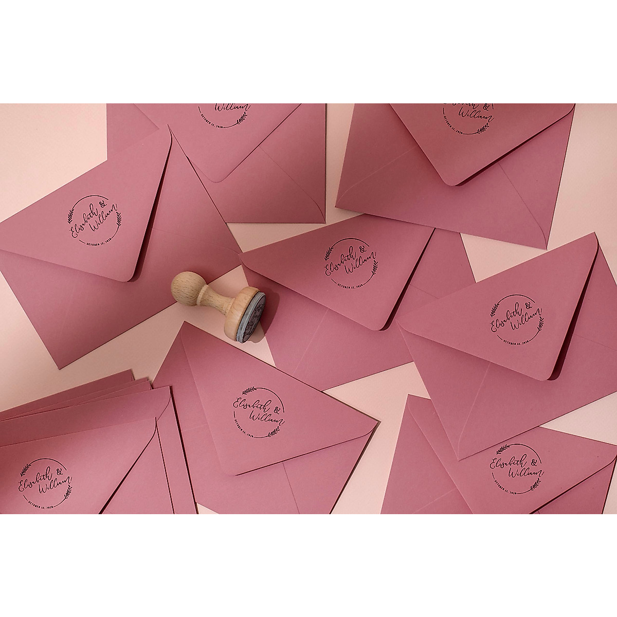 Stamp by Me | Custom Wedding Stamp | Wedding Stamp | Personalized Stamp | 12 Exclusive Designs | Wooden Stamp | Ideal for Envelopes and Wedding Invitations | Names and Date | Circular Flower Wreath