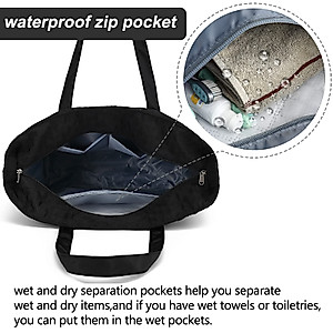 LEDAOU Large Beach Tote Bag Women Waterproof Sandproof Zipper Beach Tote Bag for Pool Gym Grocery Travel with Wet Pocket (Black)