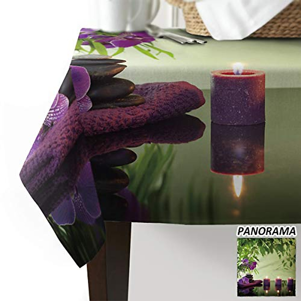 Cotton Linen Tablecloth Zen Spa Wrinkle-Free Table Cloth Cover Butterfly Orchid Zen Basalt Stones Candle Purple Table Decorative for Wedding Dinning Party Banquet Tabletop Rectangle/Oblong, 54"Wx87"L