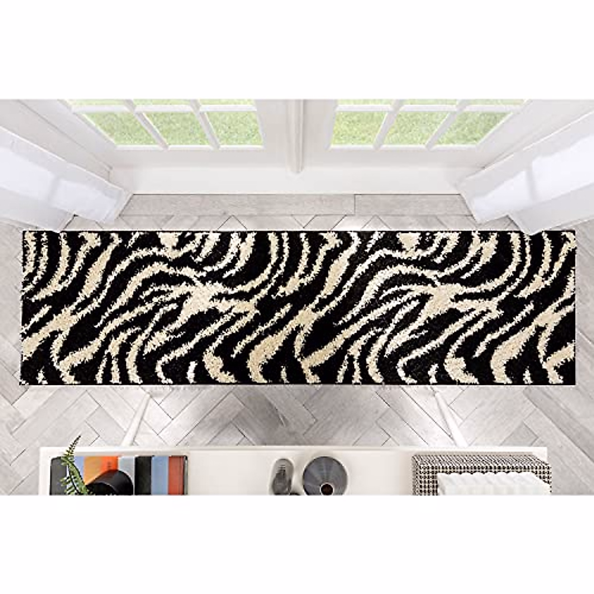 Well Woven Modern Animal Print 2x7 (2'' x 7'3'' Runner) Area Rug Shag Zebra Black& Ivory Plush Easy Care Thick Soft Plush Living Room