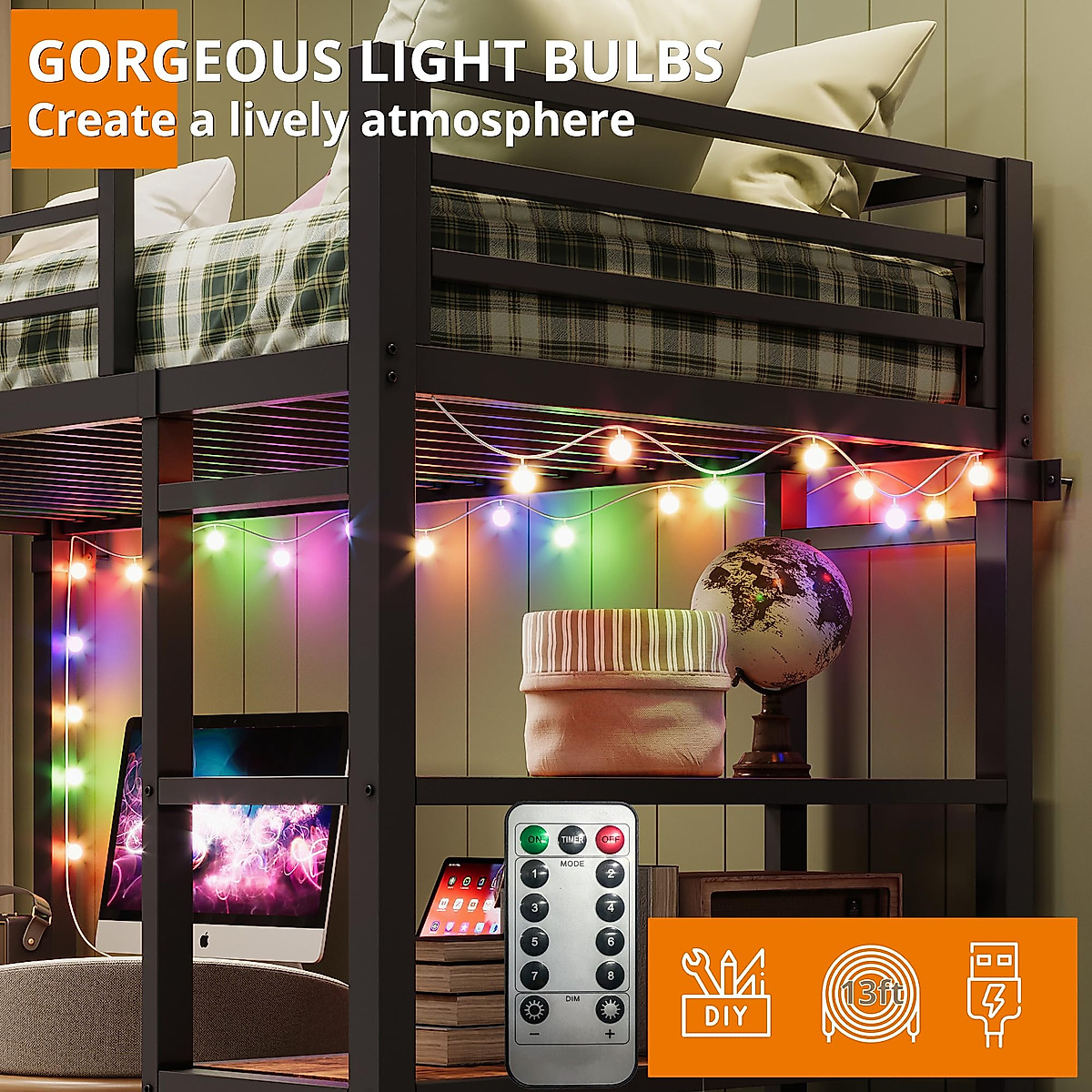 ANCTOR Loft Bed Twin Size with L Shaped Desk and Shelves, Heavy Duty Metal Loft Bed Frame with Power Outlet and LED Lighted, Space-Saving, Noise Free， Brown