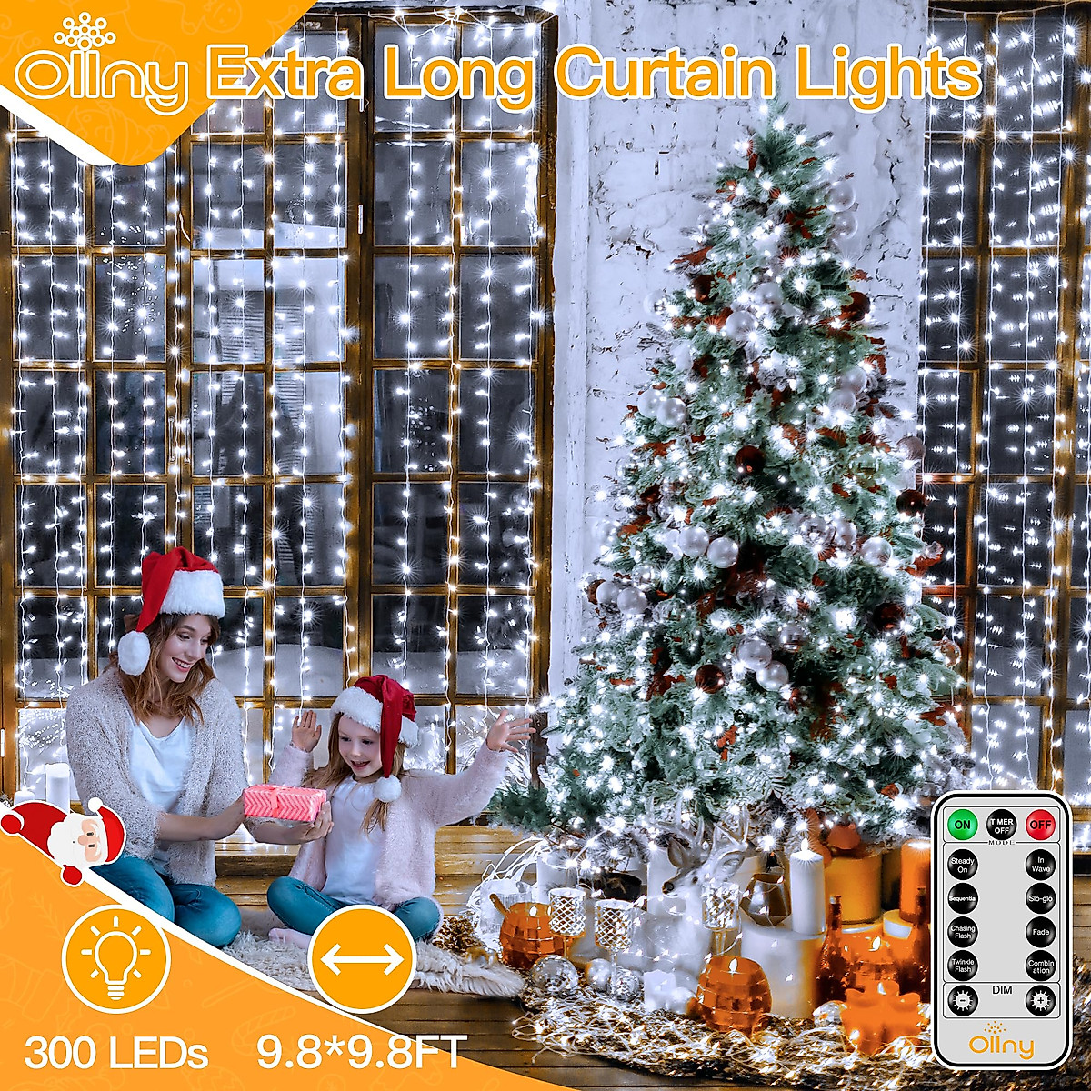 Ollny 300 LED 9.8ftx9.8ft Outdoor Waterproof Christmas Curtain Lights with Remote Timer 8 Modes, USB Powered, Cool White