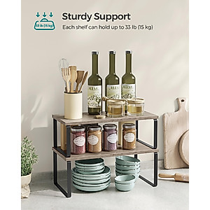 SONGMICS Cabinet Organizer Shelf, Set of 4 Kitchen Counter Shelves, Kitchen Storage, Spice Rack, Stackable, Expandable, Metal and Engineered Wood, Ink Black and Heather Greige UKCS022X02