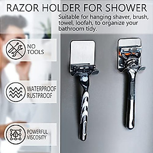KOFANI Razor Holder for Shower, 4 Pack Stainless Steel Razor Holder Hooks, Waterproof Self-Adhesive Shaver Holder Hanger Hooks for Bathroom Kitchen to Organize Loofah Robe Towel Plug Coat