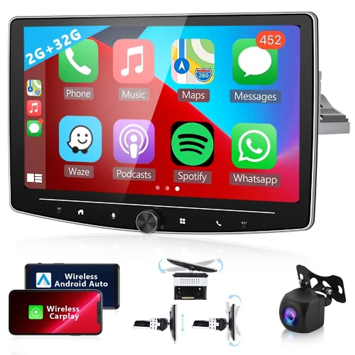 2G+32G Android 10 inch Single Din Car Stereo with Wireless Apple Carplay, Adjustable Touch Screen Bluetooth Car Radio Audio with GPS Navigation Android Auto WiFi USB FM HiFi + Backup Camera